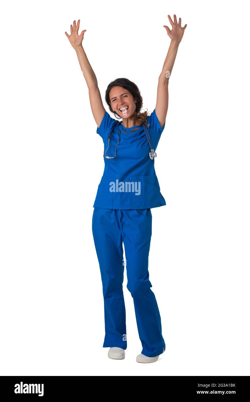 Young female medical nurse healthcare worker with raised arms isolated ...