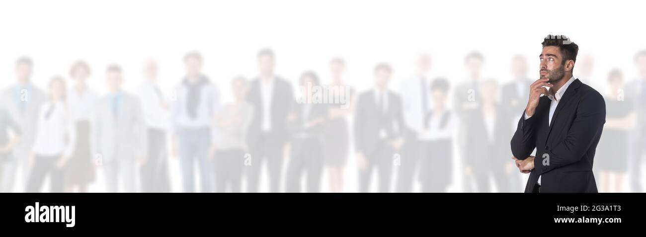 Thinking man and business team of many people isolated on white ...