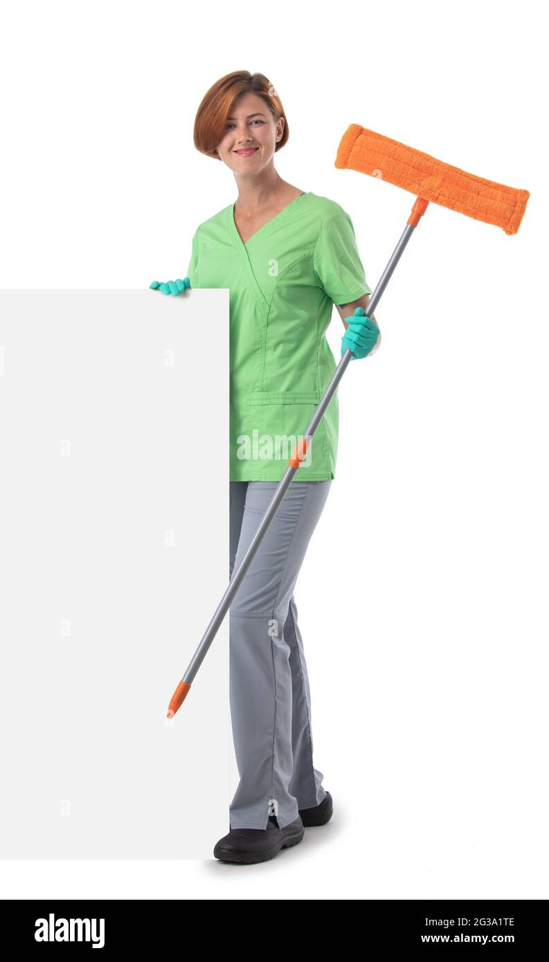 Cleaner woman with mop and blank banner isolated on white background ...