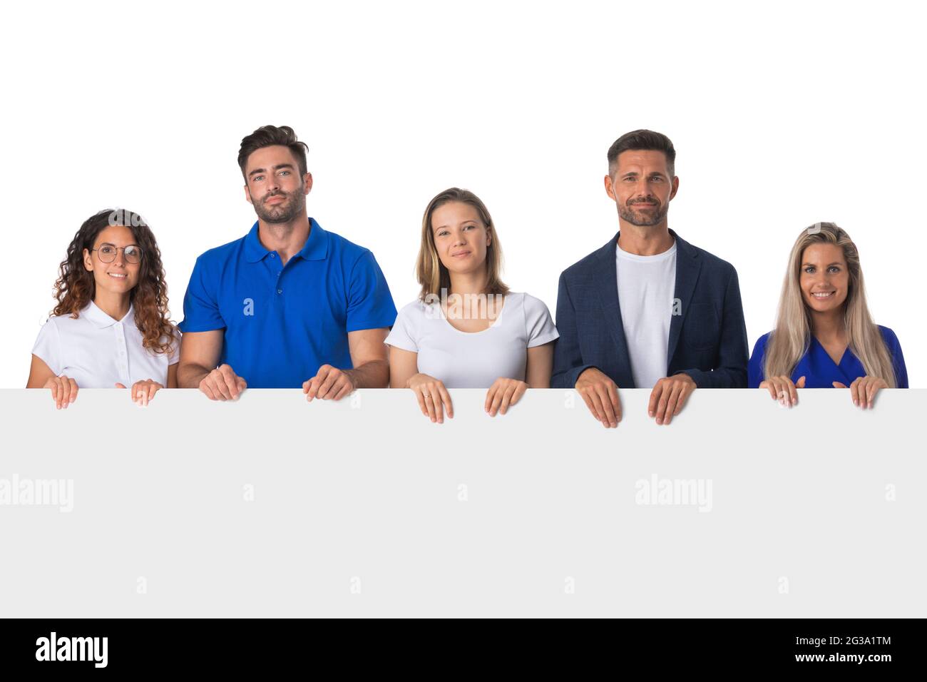 Happy young group of people standing together and holding a blank sign ...