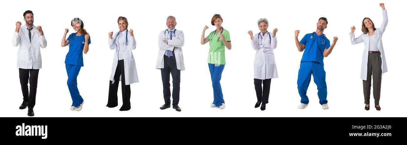 Collection of full length portraits of medical doctors cheering with ...