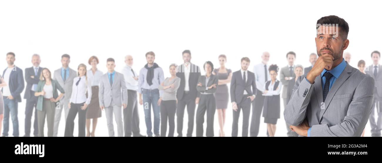 Thinking man and business team of many people isolated on white ...