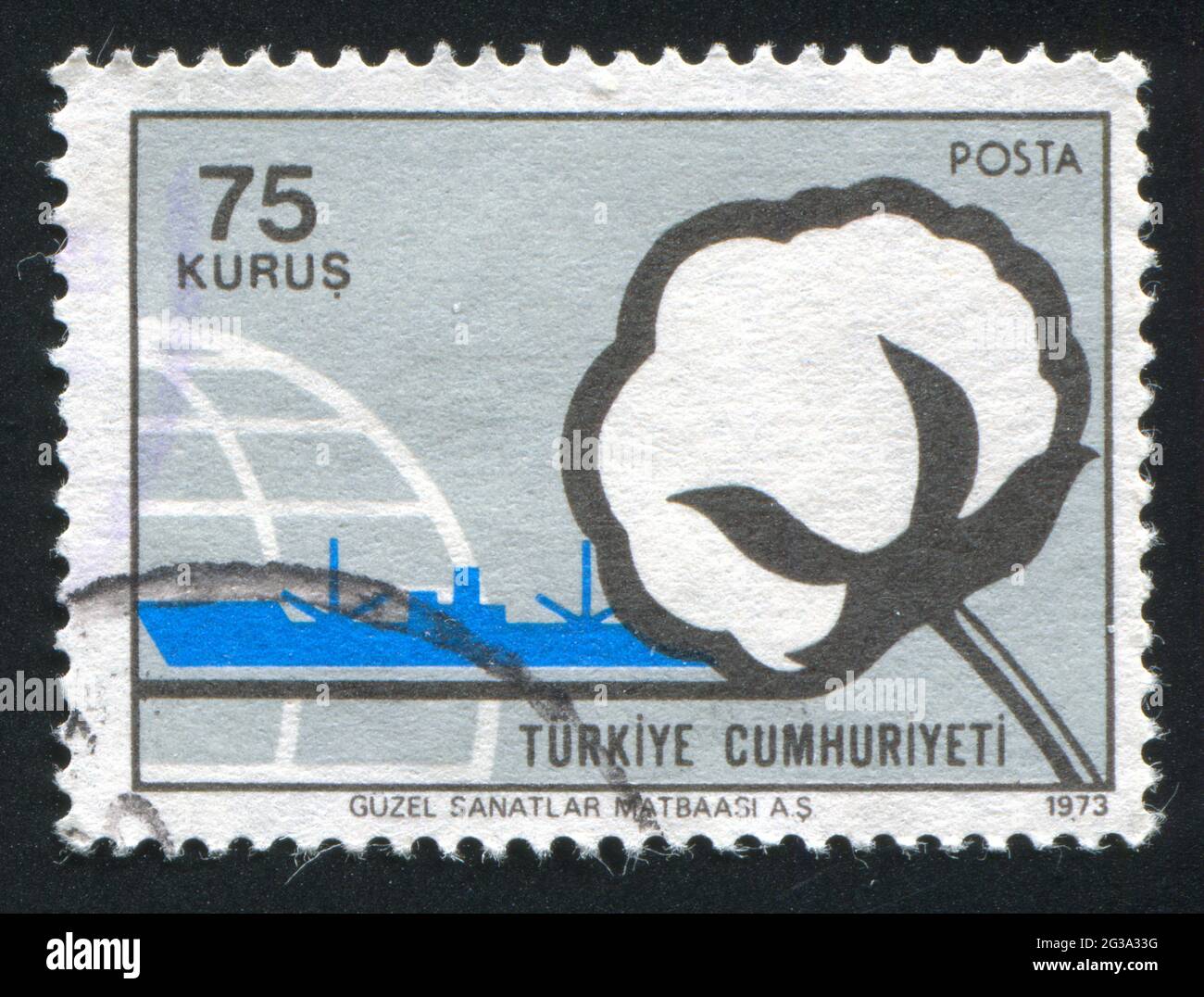 TURKEY- CIRCA 1973: stamp printed by Turkey, shows cotton and ship ...
