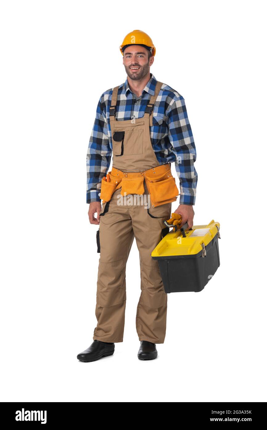 Contractor worker in coveralls and hardhat with toolbox isolated on ...