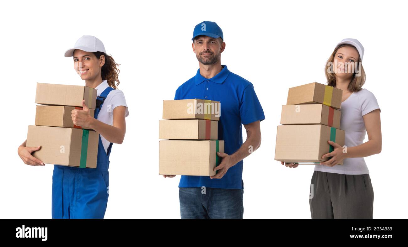 Portrait of delivery people isolated on white background Stock Photo ...