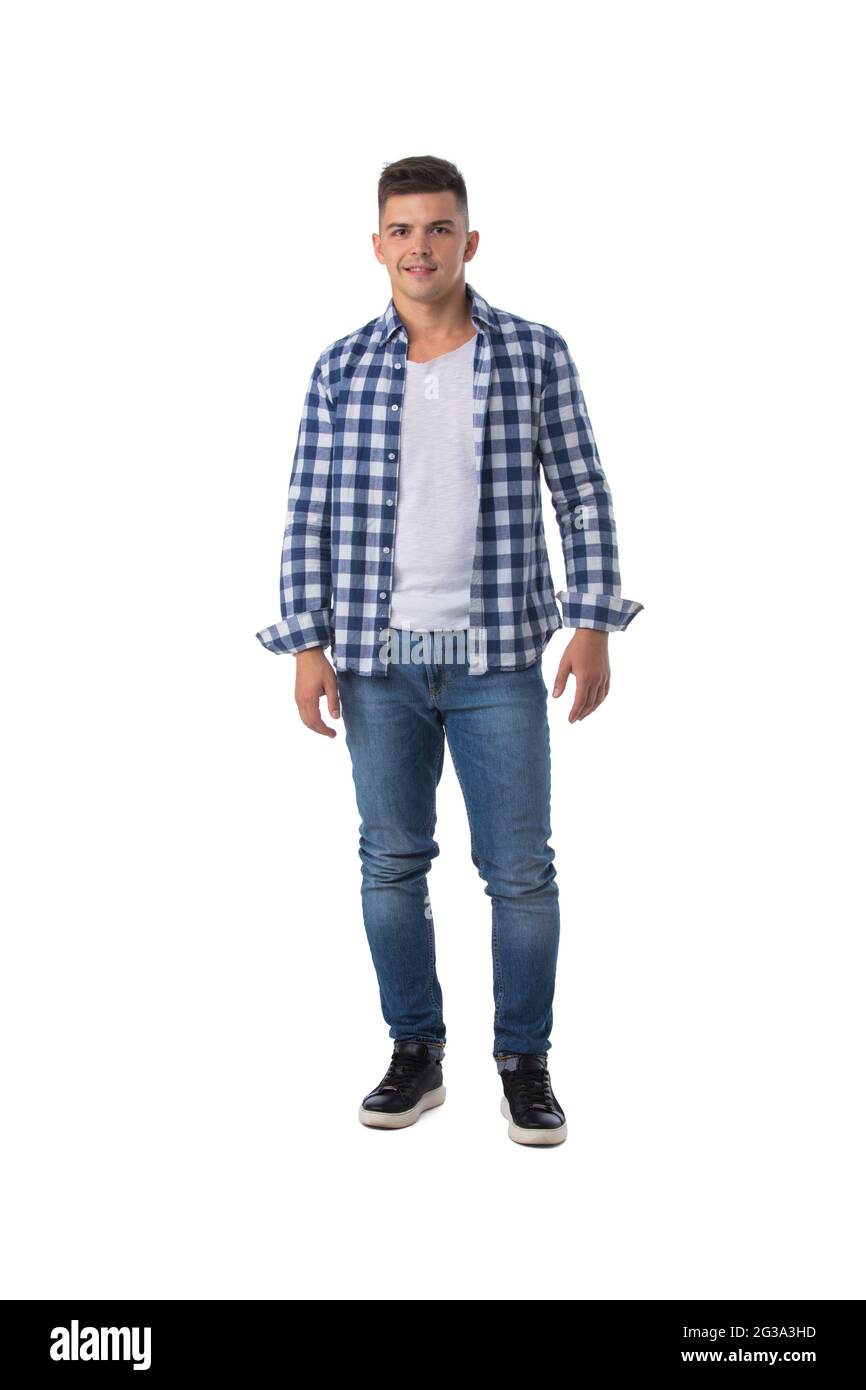 Full length portrait of a young man isolated on a white background ...