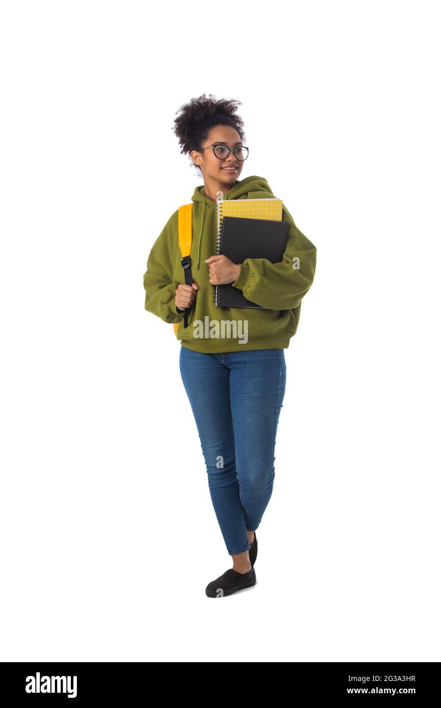Full length portrait of pretty female african american university ...