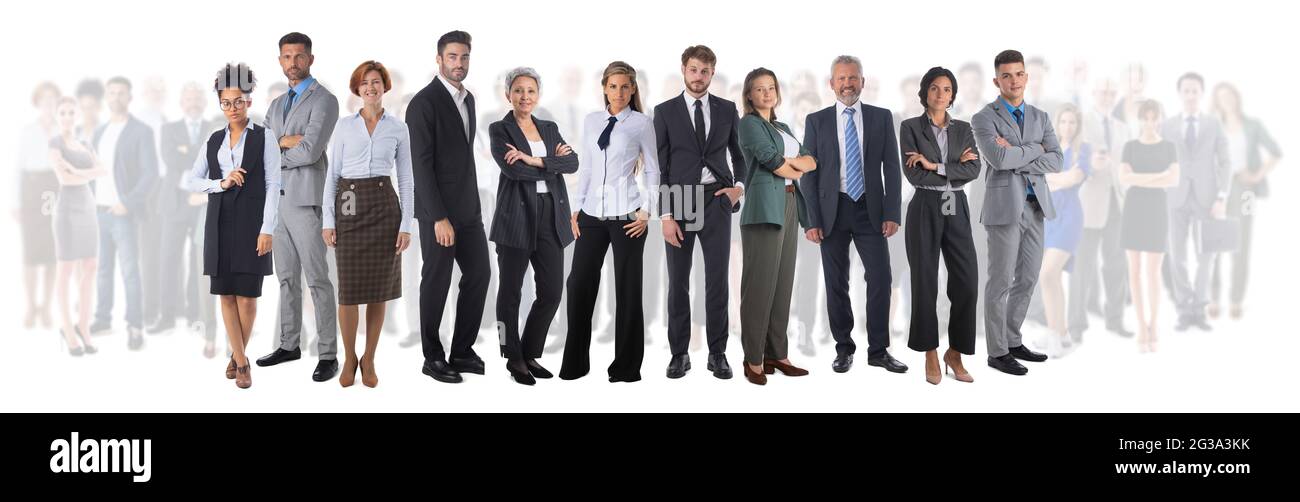Successful happy business team of many people isolated on white ...