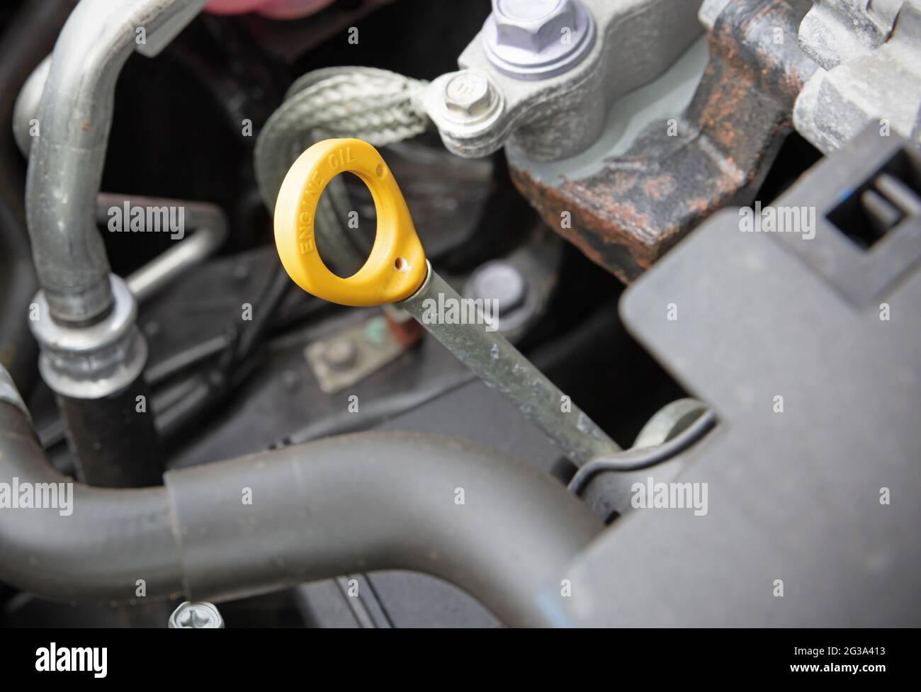Detail of a car engine, checking oil level Stock Photo - Alamy