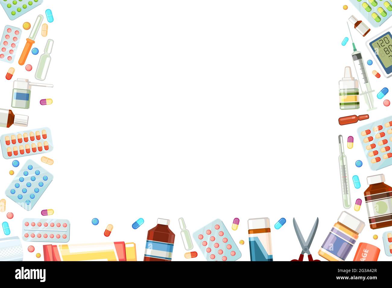 Medicines frame. Illustration with pills, thermometer syringe bandage ...
