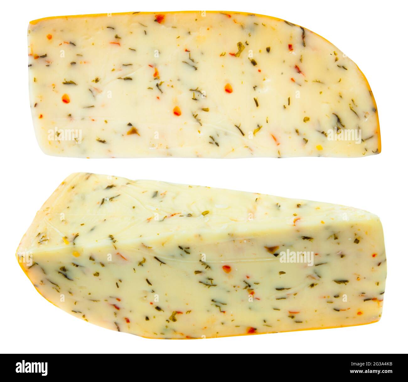 gouda cheese with herbs. sliced and isolated on white background Stock ...