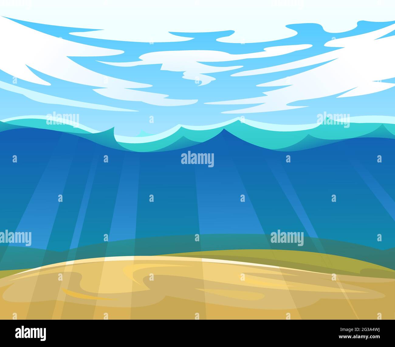 Sandy bottom of the reservoir. Blue transparent clear water. Sea ocean ...