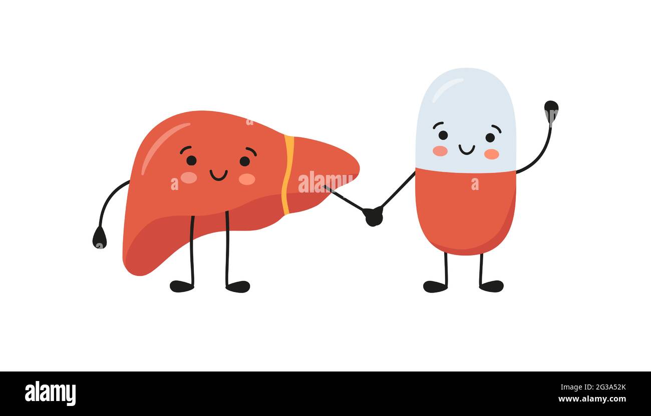 Healthy liver and happy smiling medicine pill characters hold hands ...
