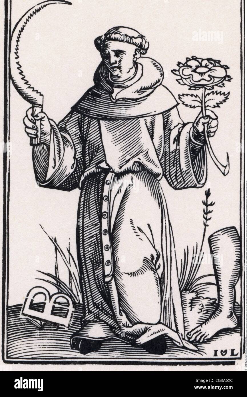 religion, Christianity, clergyman, monk with sickle and rose, woodcut ...