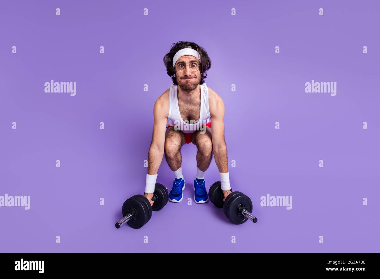 Full size photo of young funky funny crazy man in glasses trying to ...