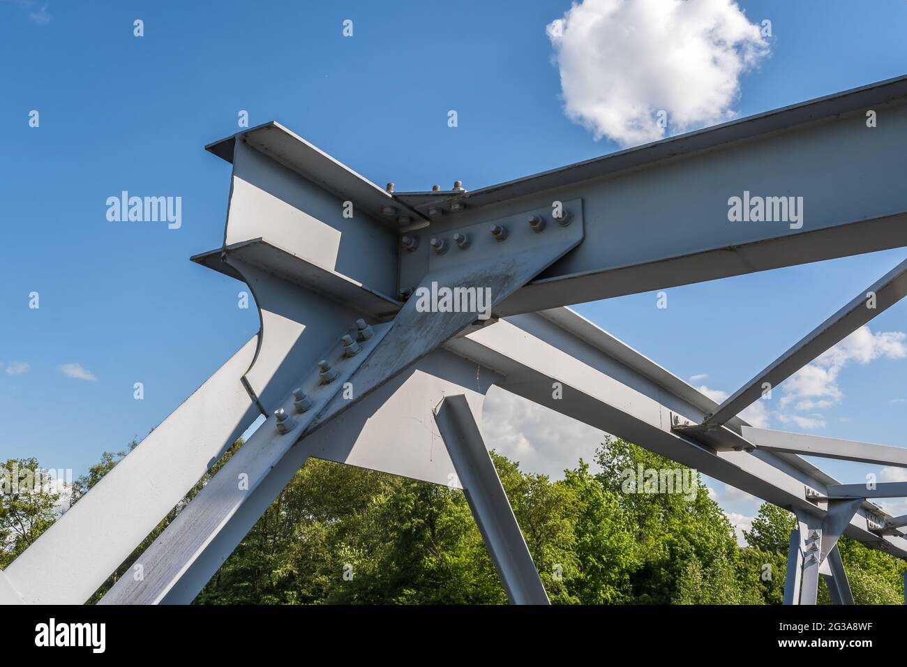 iron steel frame construction of bridge on blue sky background. bridge ...
