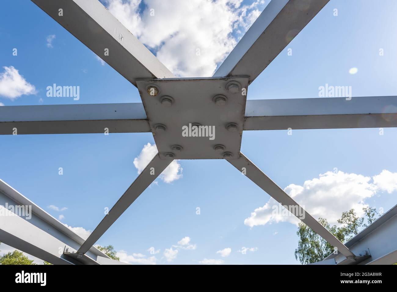iron steel frame construction of bridge on blue sky background. bridge ...