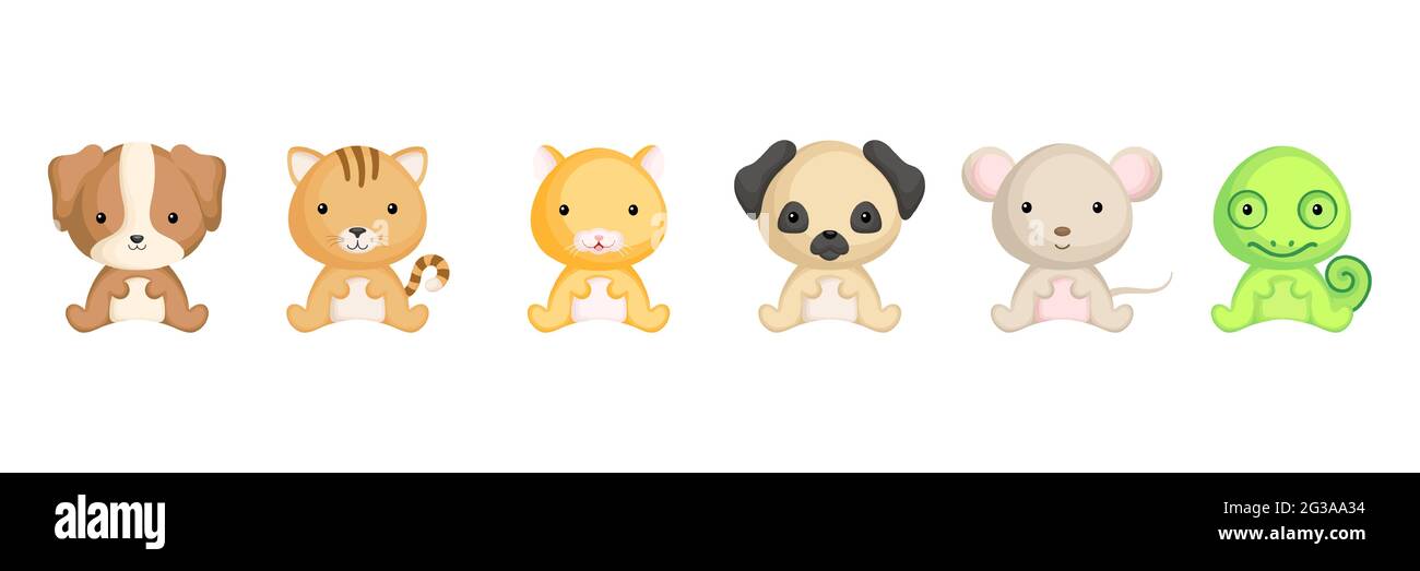 Cute sitting baby animals in cartoon style. Collection pet animals ...