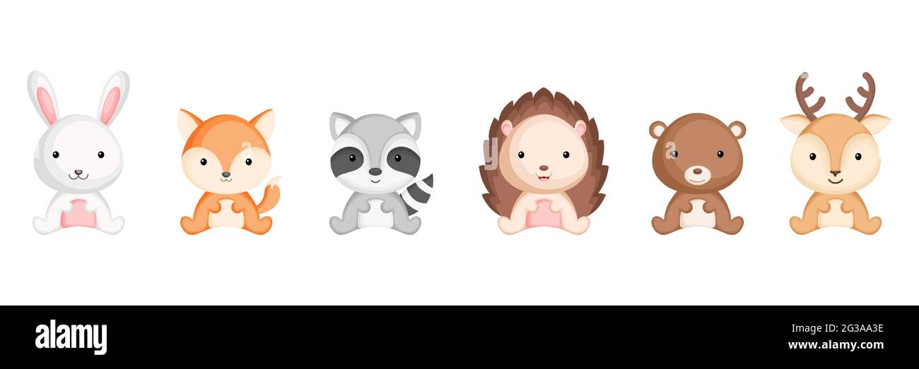 Cute sitting baby animals in cartoon style. Collection woodland animals ...