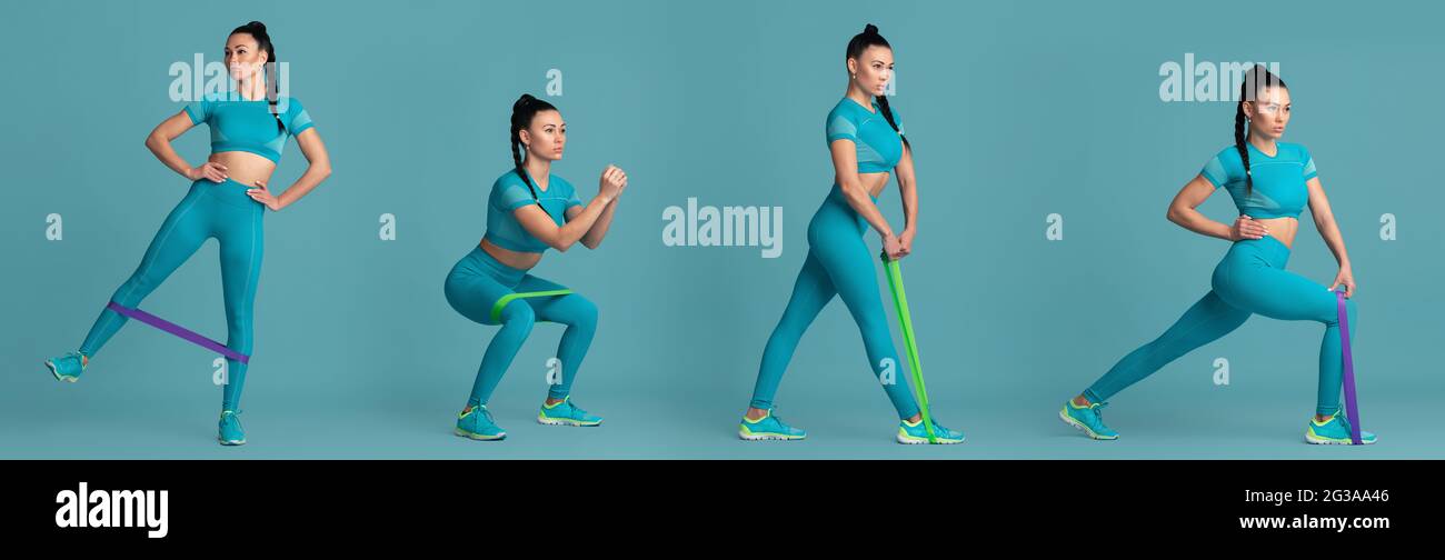 Sport collage of young fit woman in action and motion over blue studio ...