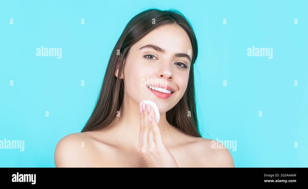 Concept of beauty, health treatment. Cosmetology and spa. Using makeup sponge. Portrait woman ...