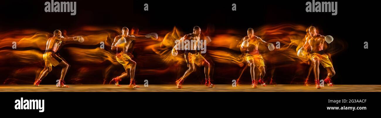 Professional african-american boxer training on black studio background ...