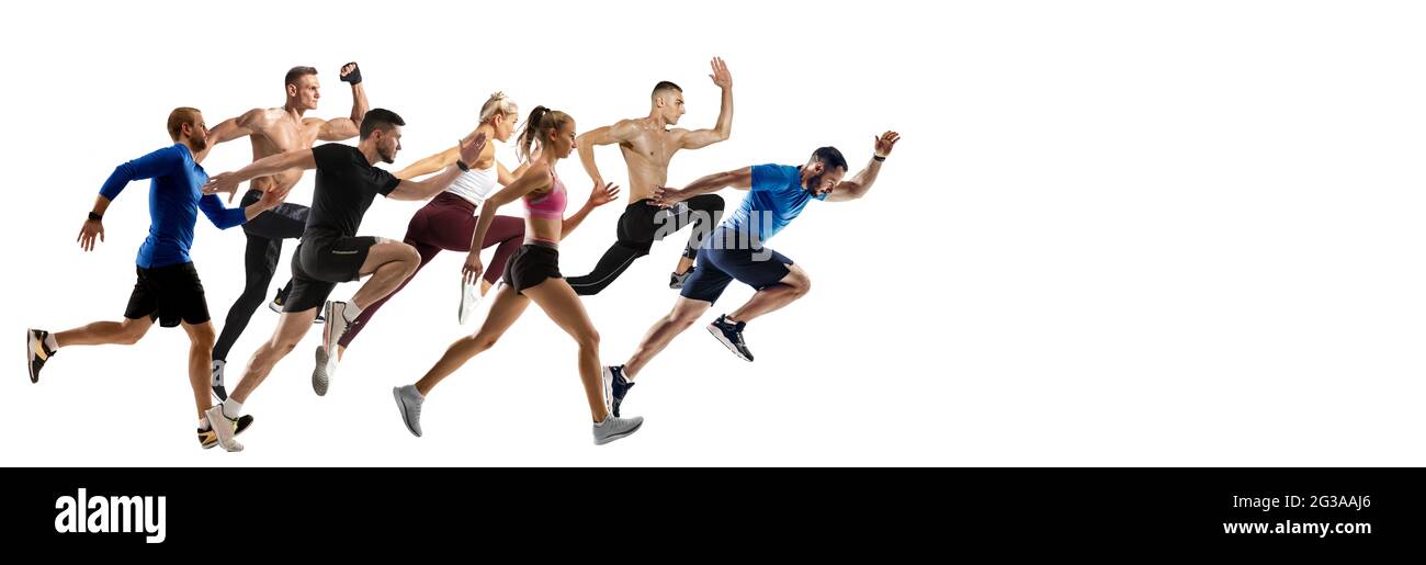 Development of motions of young athletic fit men and women in action ...