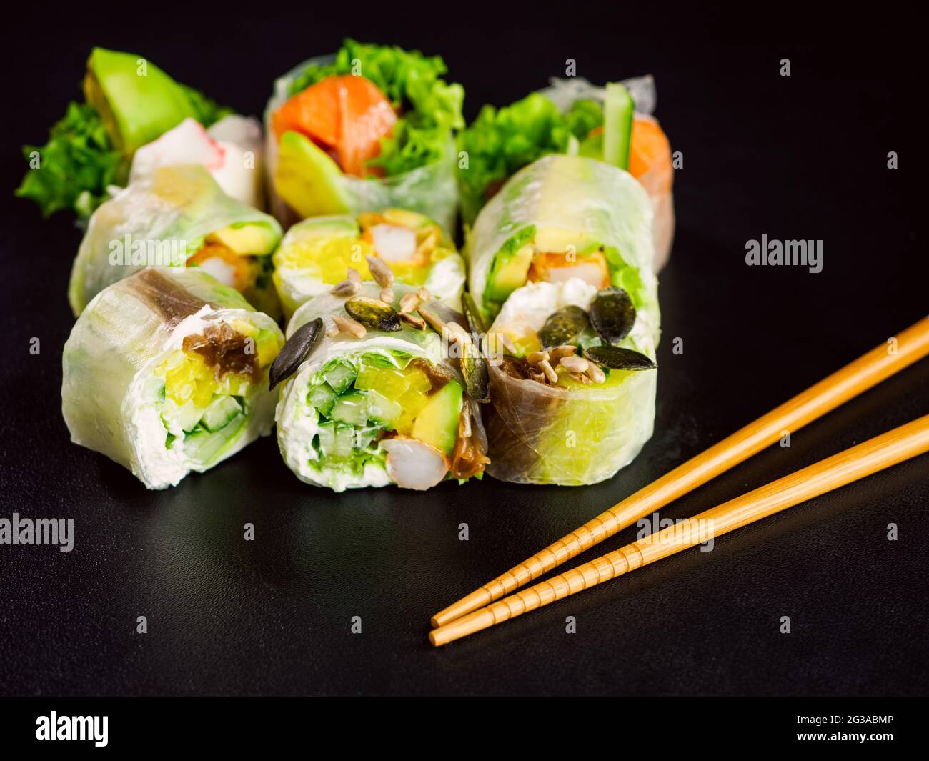 rice paper rolls with salmon, lettuce, shrimp, cucumber, avocado and ...
