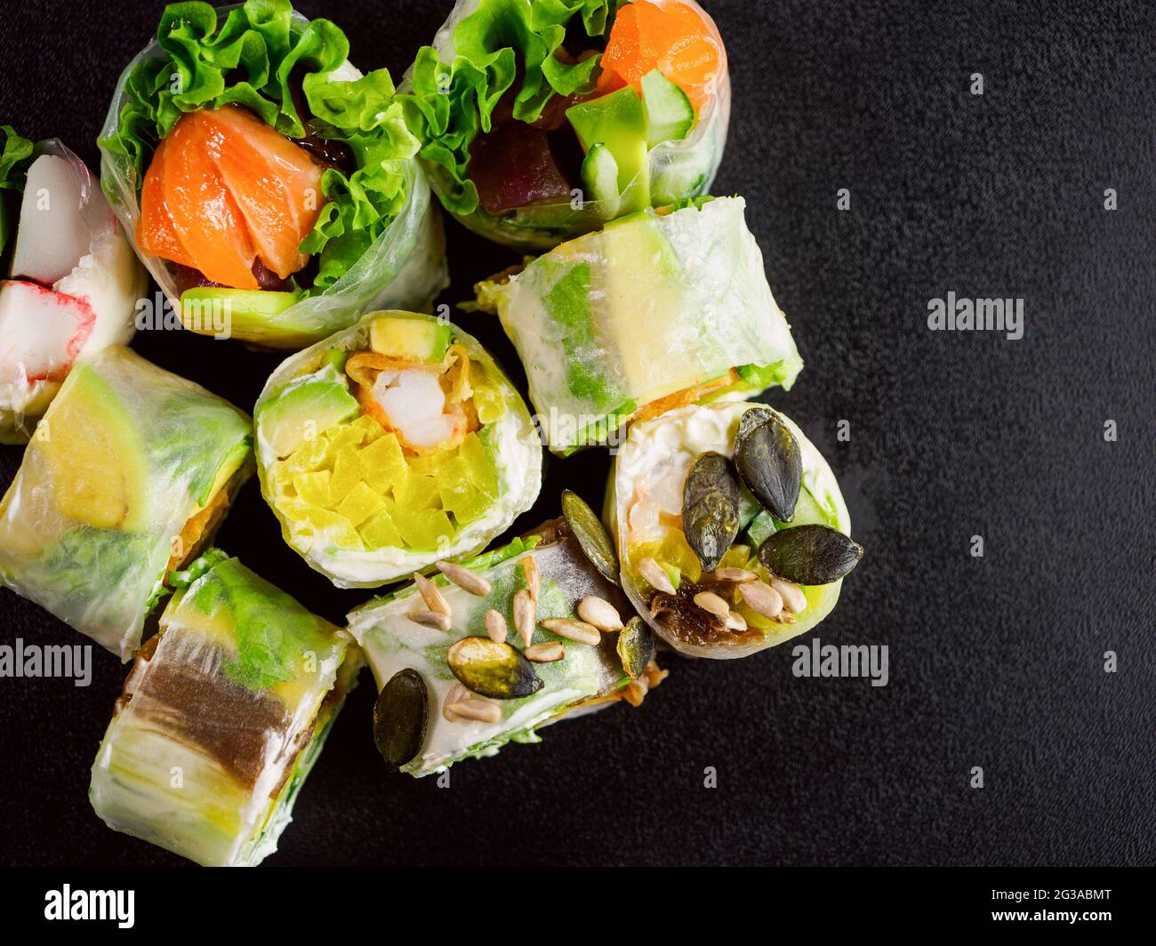 rice paper rolls with salmon, lettuce, shrimp, cucumber, avocado and ...
