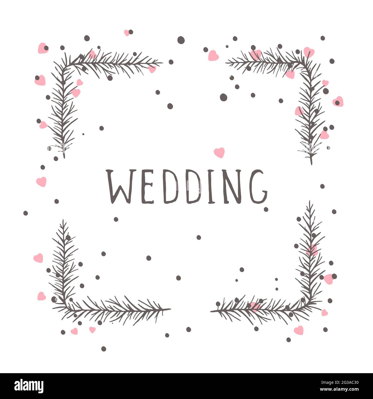 Vector hand drawn illustration of text WEDDING and floral rectangle ...