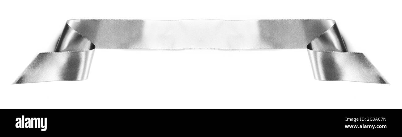 Silver satin ribbon banner with copy space isolated on white background ...