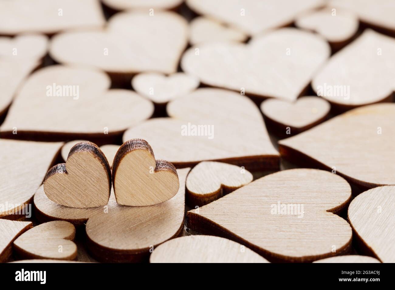 Many wooden colorless hearts background, two special ones true love ...