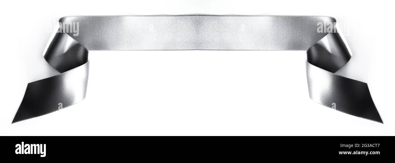 Silver satin ribbon banner isolated on white background Stock Photo - Alamy