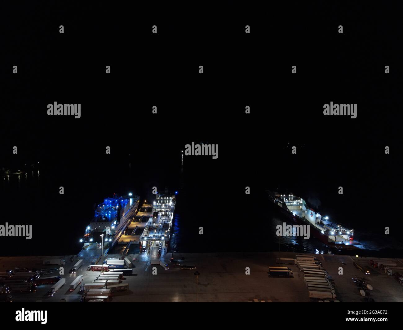 Aerial Night View Global Port Station Of Igoumenitsa City, Greece, Ro ...