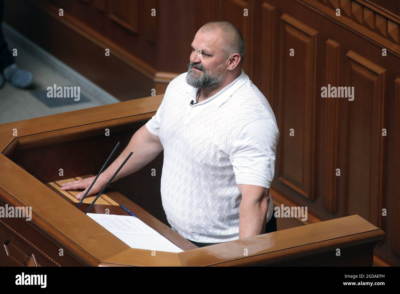 KYIV, UKRAINE - JUNE 15, 2021 - Ukrainian strongman Vasyl Virastiuk is ...
