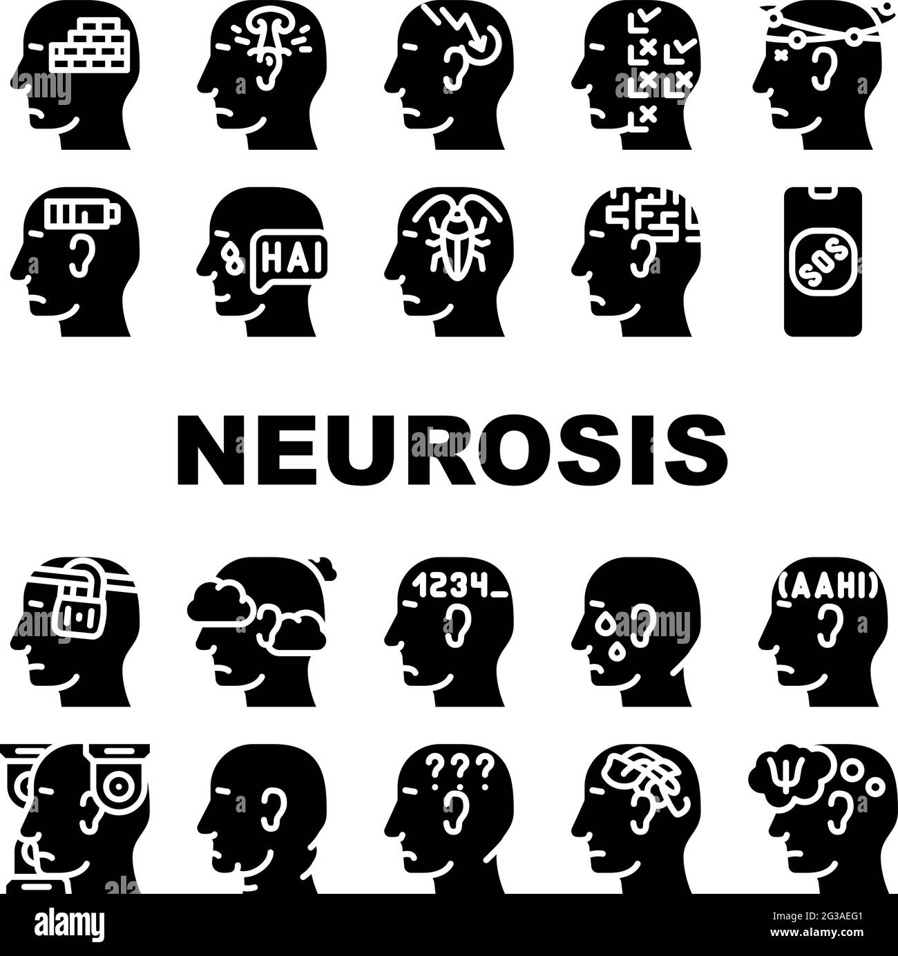 Neurosis Brain Problem Collection Icons Set Vector Stock Vector Image ...
