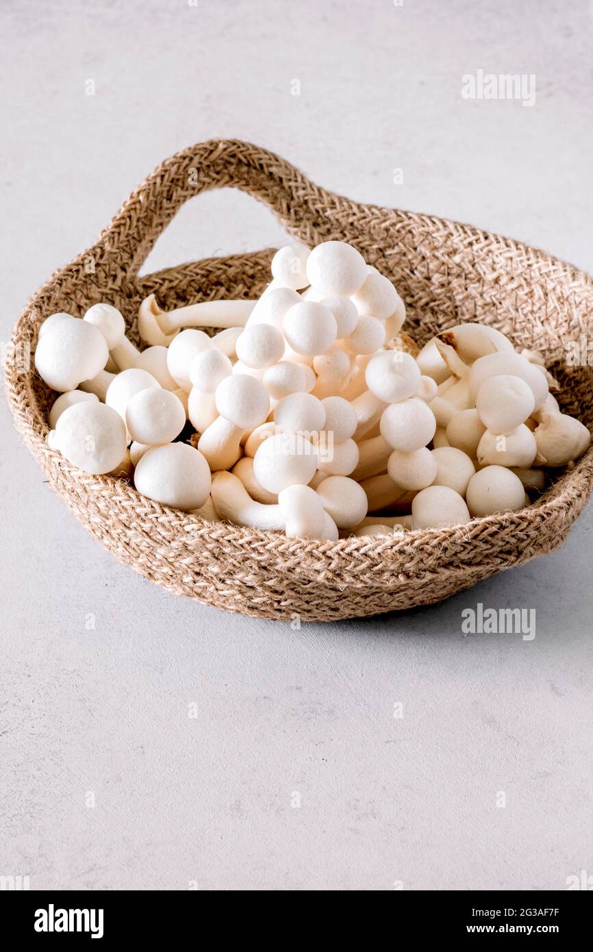 White Asian Enoki mushroom, raw vegan food, fungus, close-up Stock ...