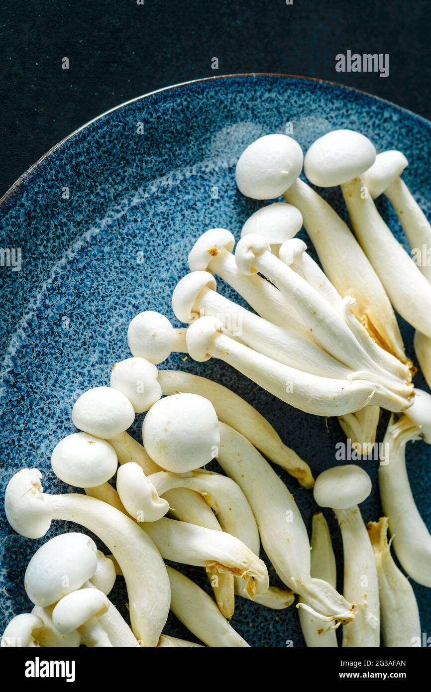 White Asian Enoki mushroom, raw vegan food, fungus, close-up Stock ...