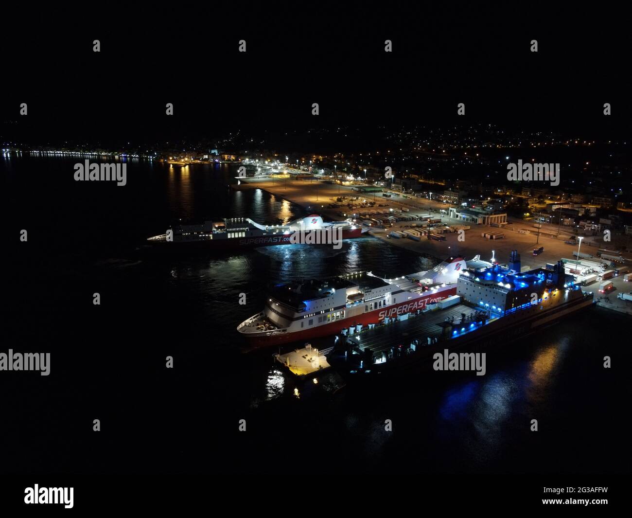 Aerial Night View Global Port Station Of Igoumenitsa City, Greece, Ro ...