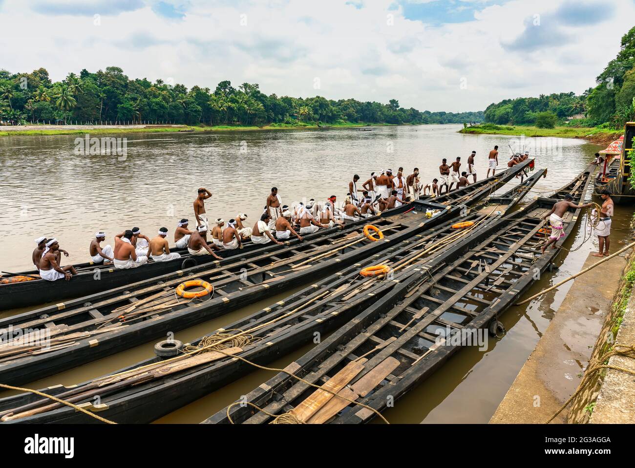 Aranmula ,07,September, 2017 : Participating boats parked near temple ...