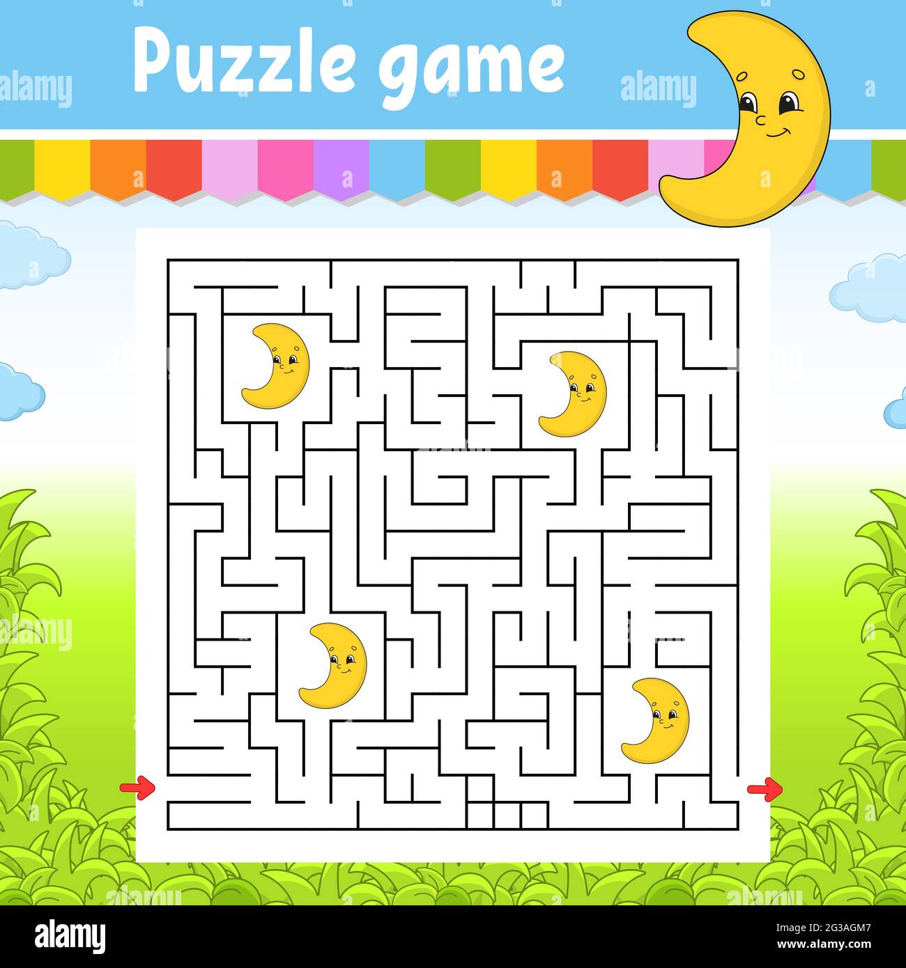 Square maze. Cute crescent. Game for kids. Puzzle for children ...