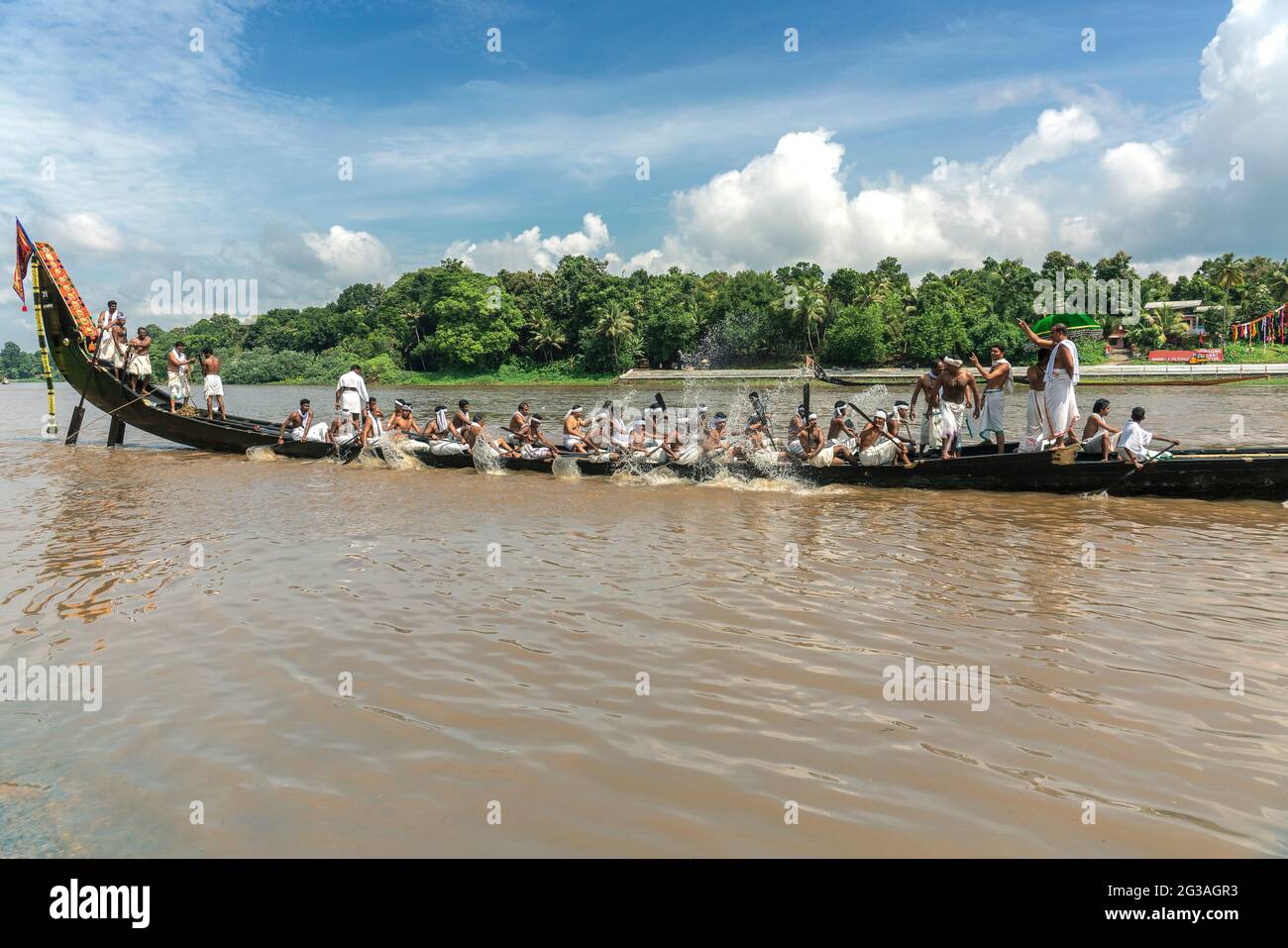 Aranmula ,08 September, 201: Oarsmen in traditional costume practicing ...