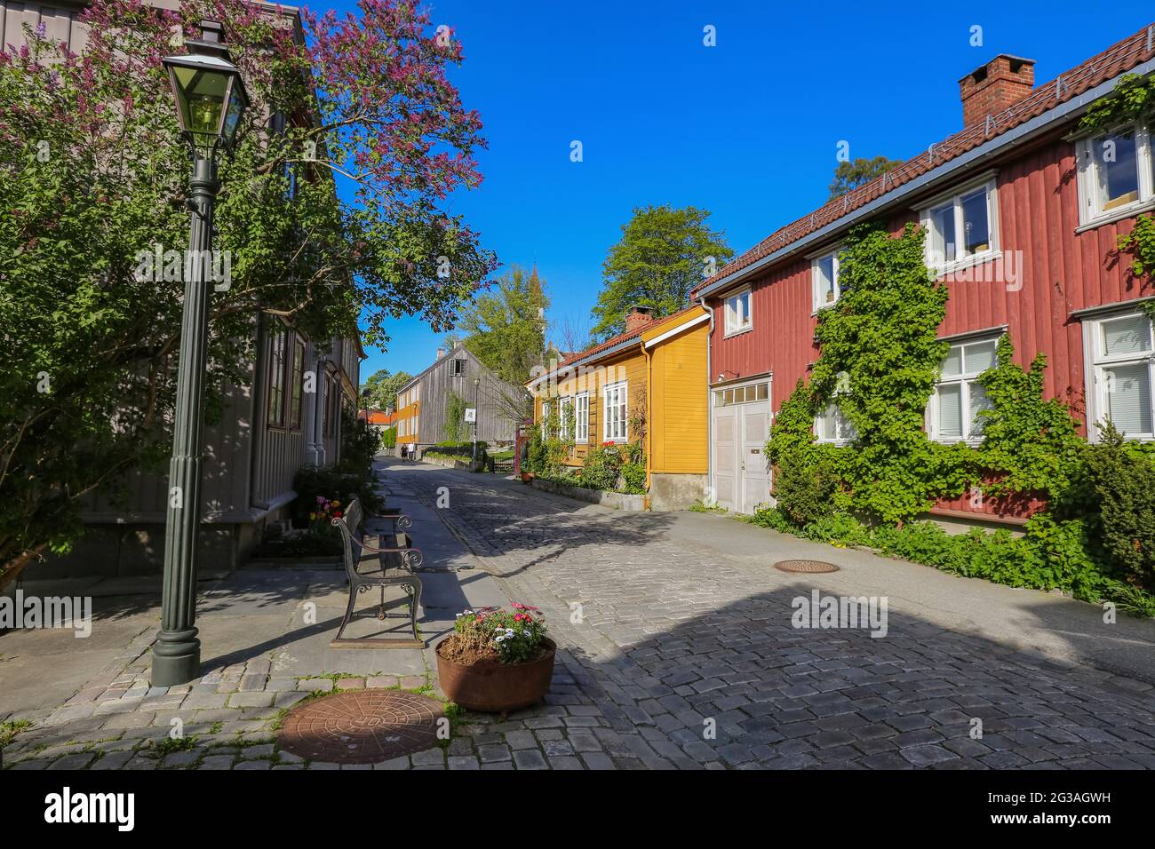 the street in Bakklandet, popular touristic district in Norwegian city ...