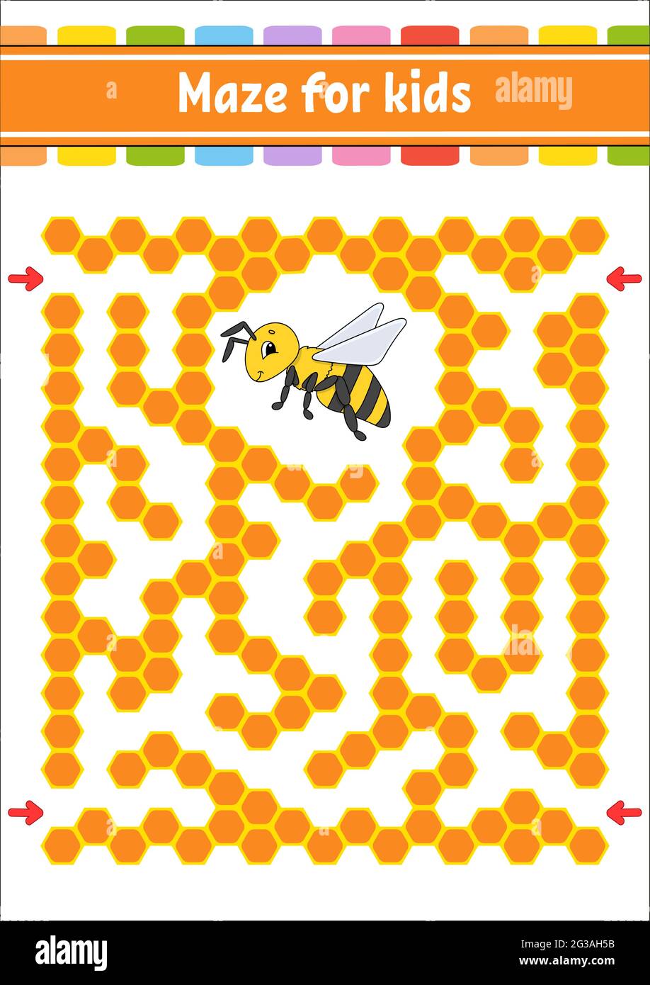 Rectangular color maze. Striped bee. Game for kids. Funny labyrinth ...