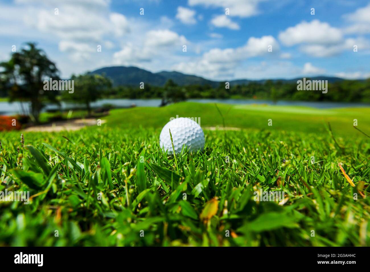 Golf ball on course, morning landscape of field and mountains Stock ...
