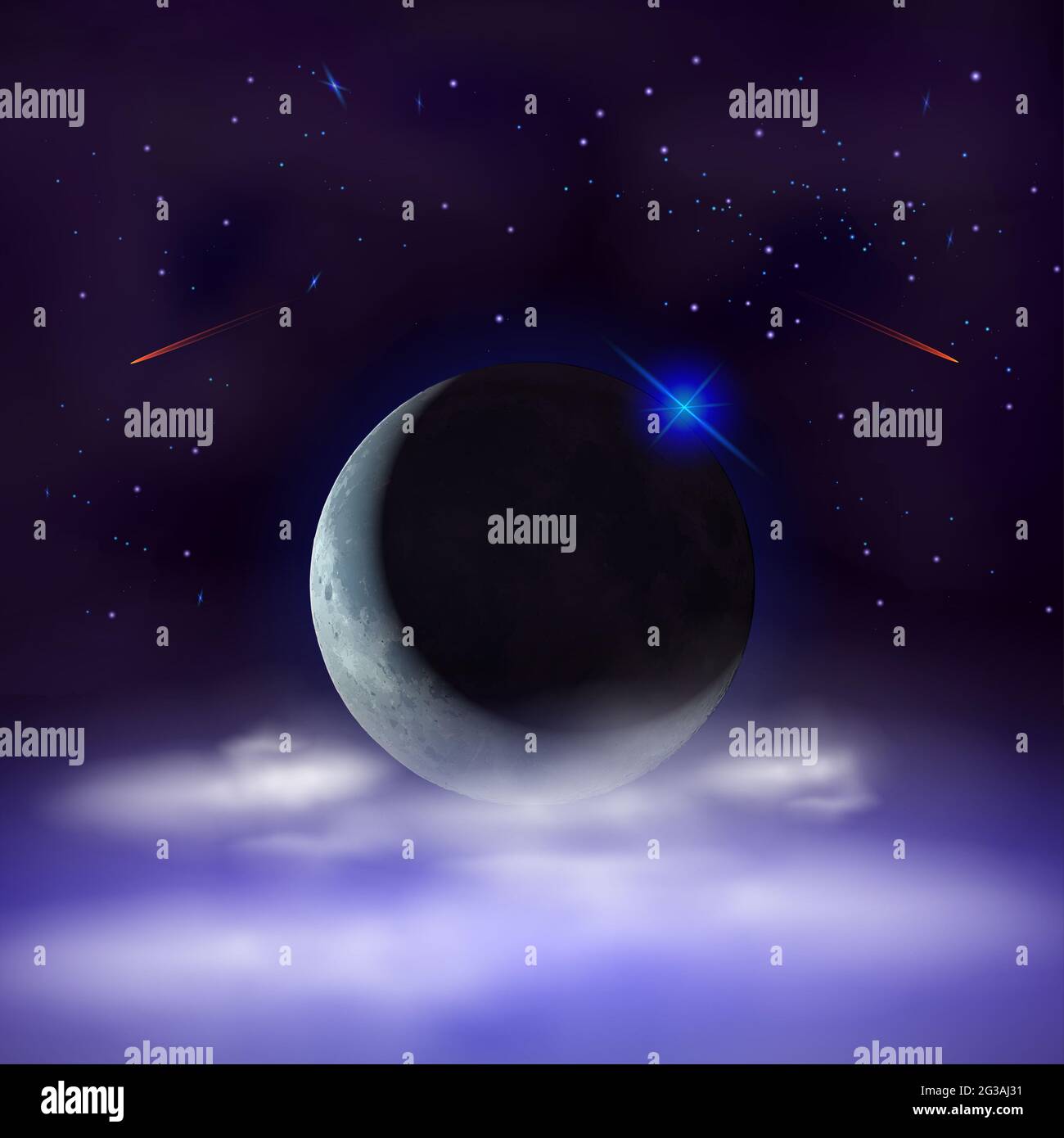 Night sky background with half moon hidden behind the clouds. Ramadan ...