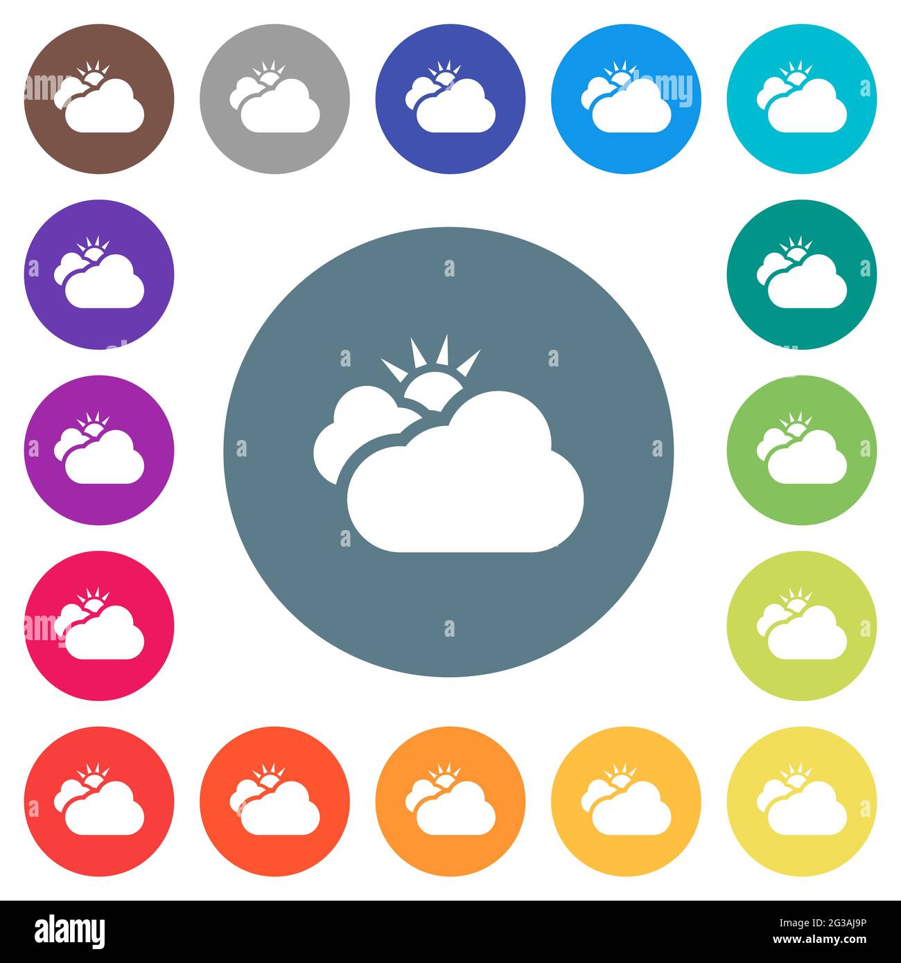 Strongly cloudy weather flat white icons on round color backgrounds. 17 background color ...