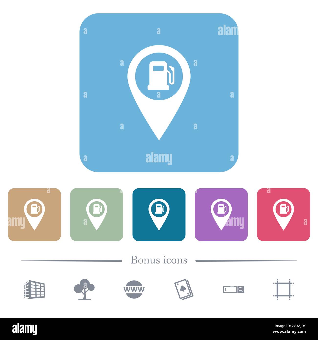 Gas station GPS map location white flat icons on color rounded square ...