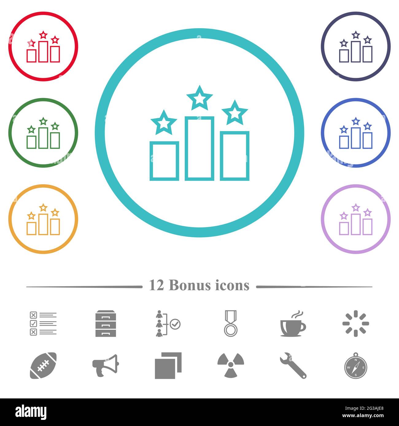Ranking outline flat color icons in circle shape outlines. 12 bonus ...