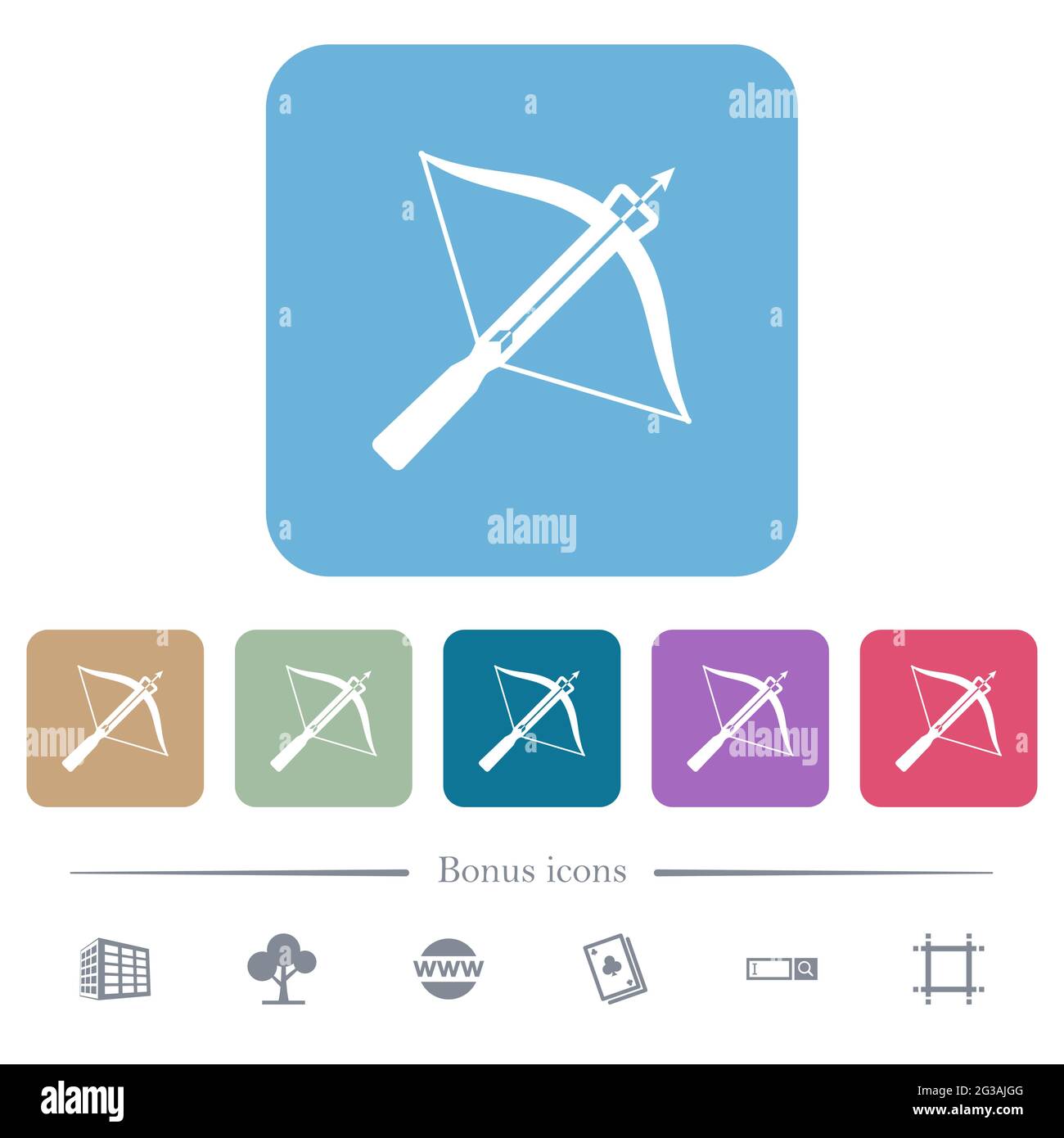 Crossbow with arrow white flat icons on color rounded square ...